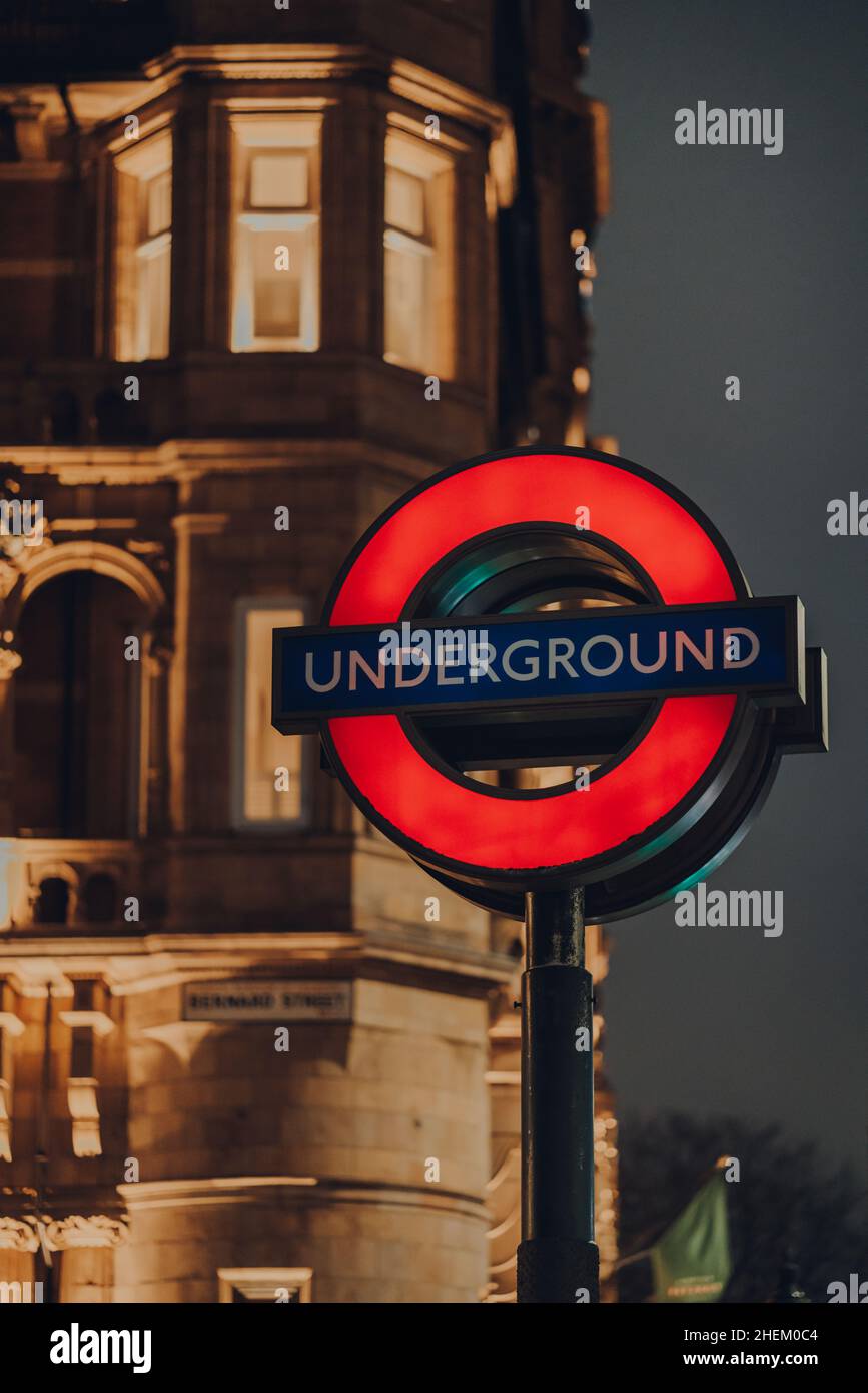 London, UK - January 01, 2022: London Underground sign at the entrance ...