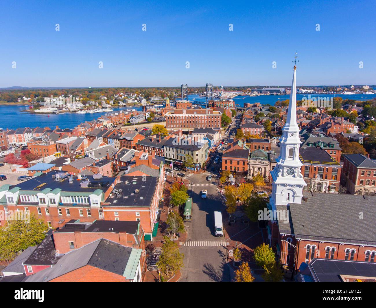 Portsmouth historic downtown aerial view at Market Square with historic ...