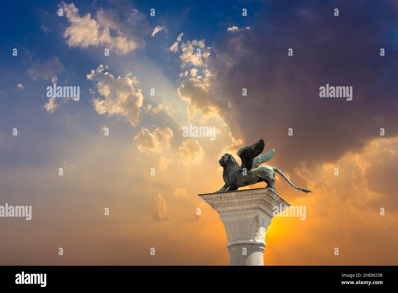Lion statue at Piazza San Marco (St Mark`s Square) on blue sky ...