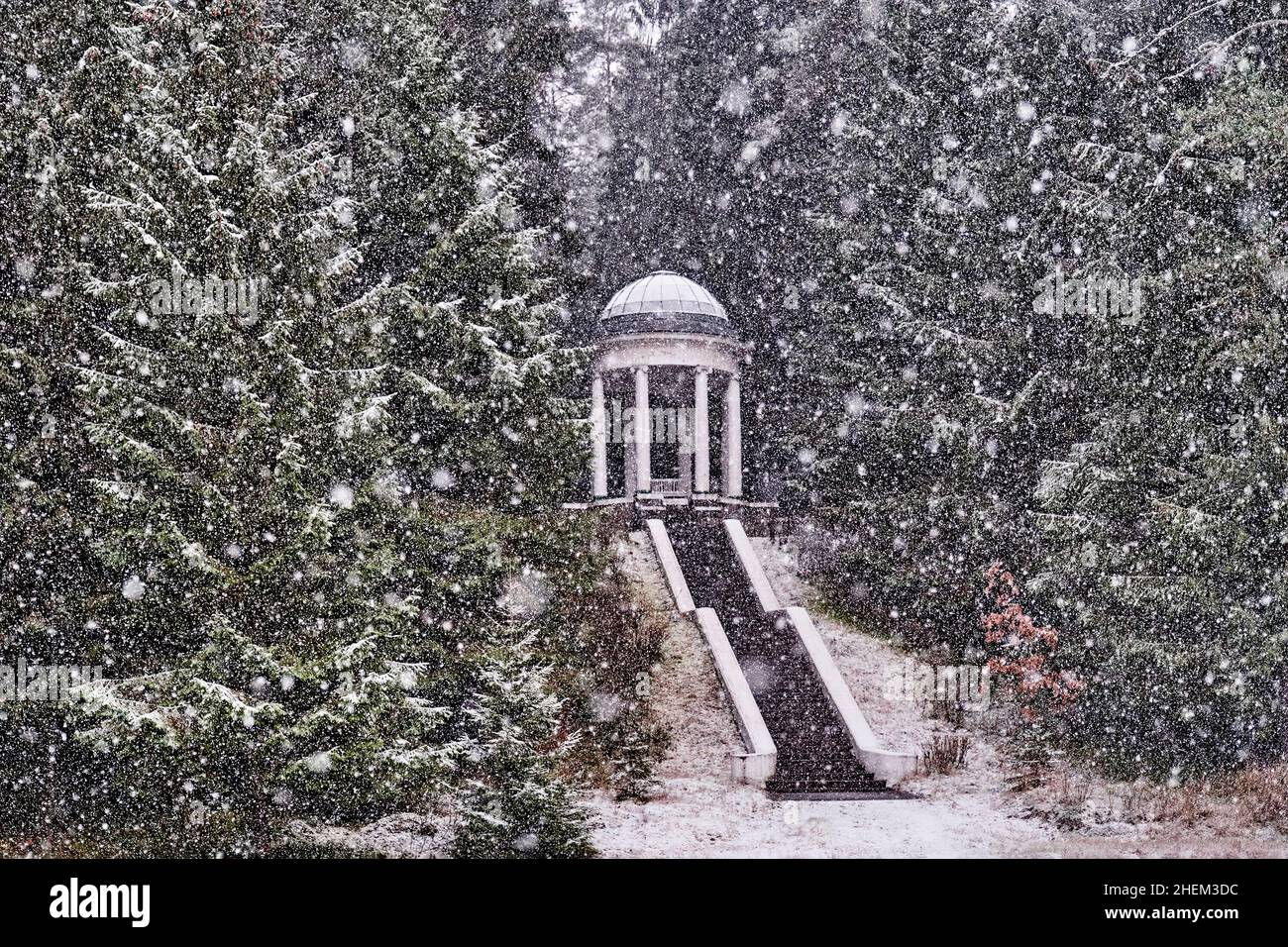Rotunda in style of classicism. Late autumn landscape with first ...