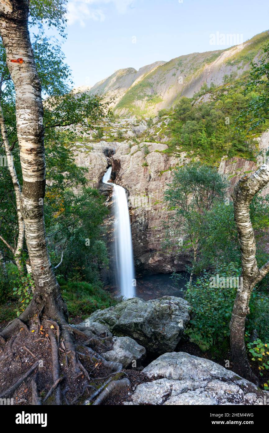 Beautiful and silent Manafossen waterfall in Southern Norway Stock ...