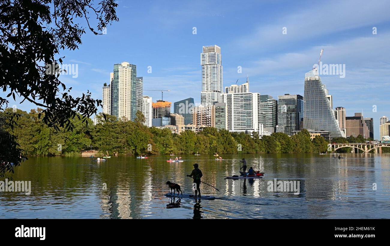 Austin Texas USA, October 17, 2021: View of kayakers from Lou Neff ...