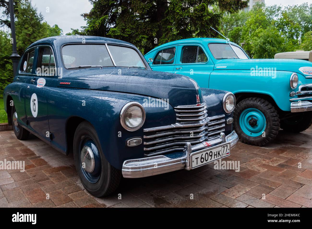 Blue GAZ M72 and GAZ M20 Volga at Classic Soviet Car Exhibition Stock ...
