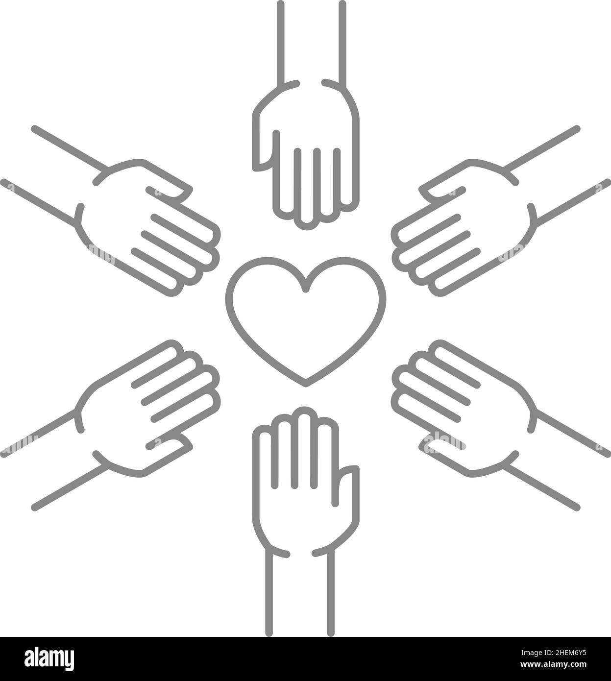 Heart with circle of hands line icon. Donation, charity organization ...