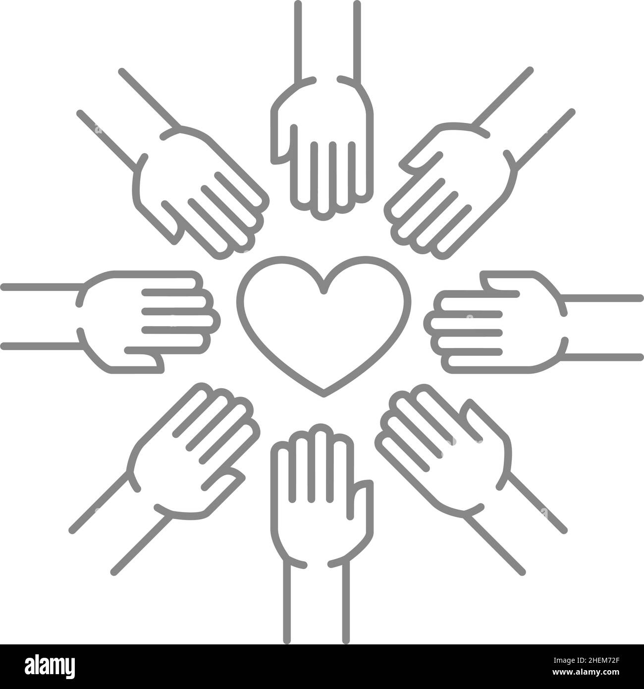 Hands circle and heart line icon. Team work, charity organization ...
