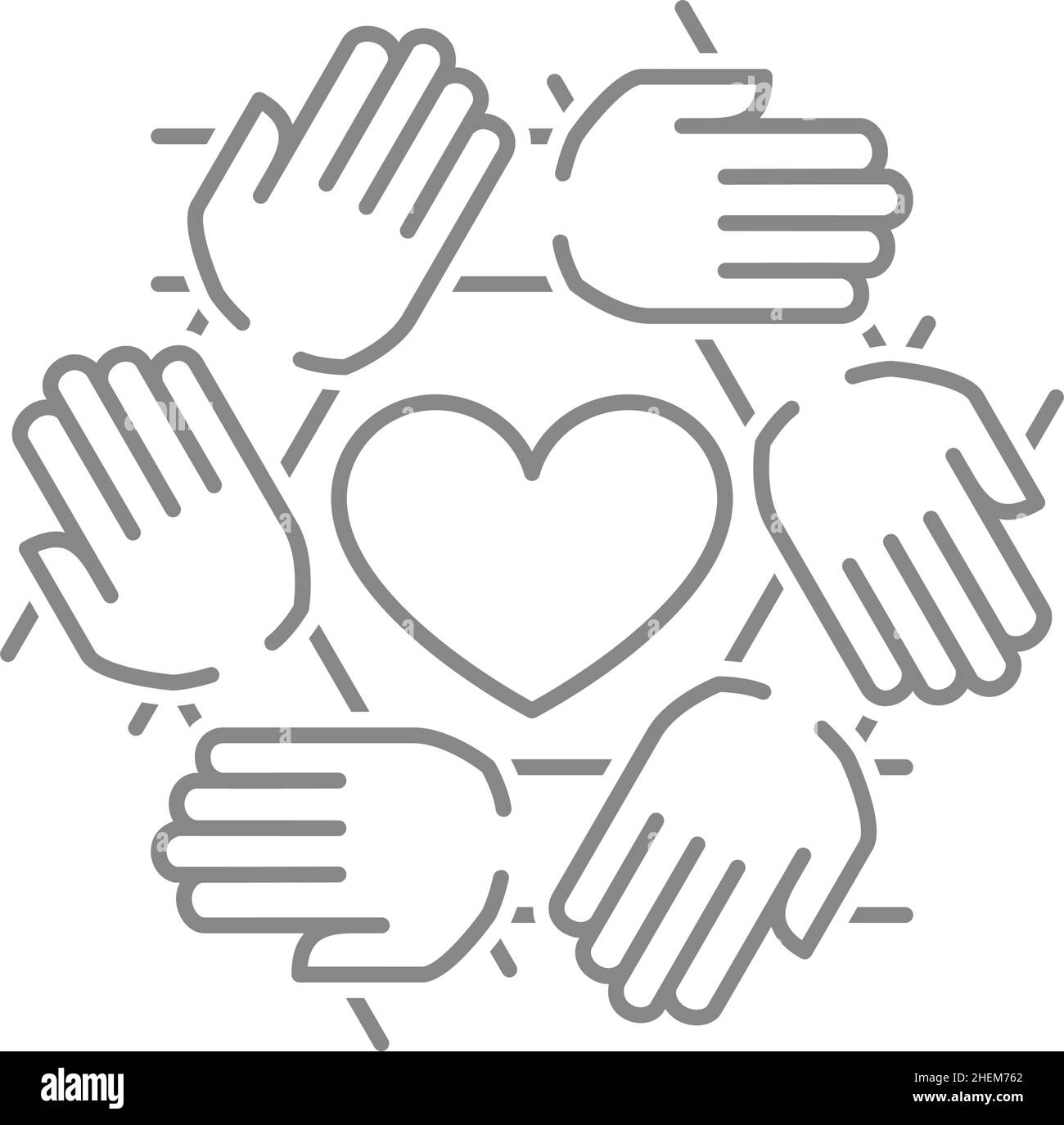 Heart with circle of hands line icon. Donation, solidarity, unity ...