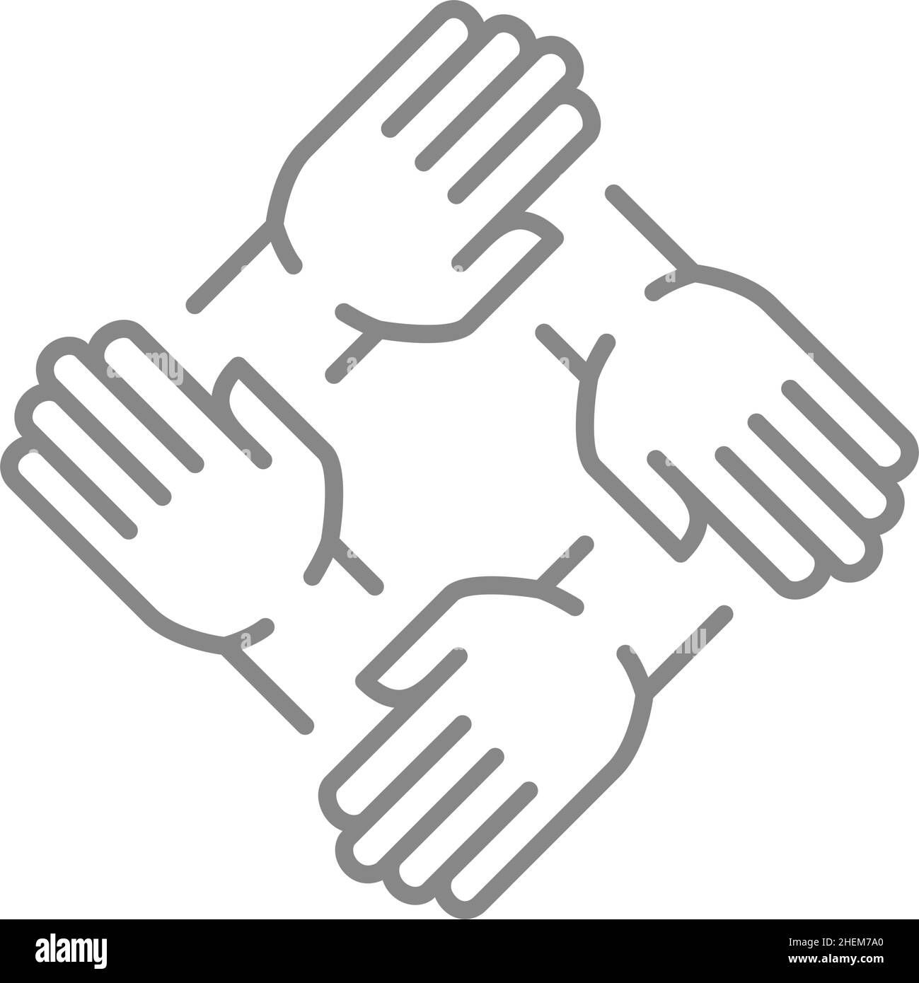 Four united hands line icon. Togetherness, cooperation, team work ...