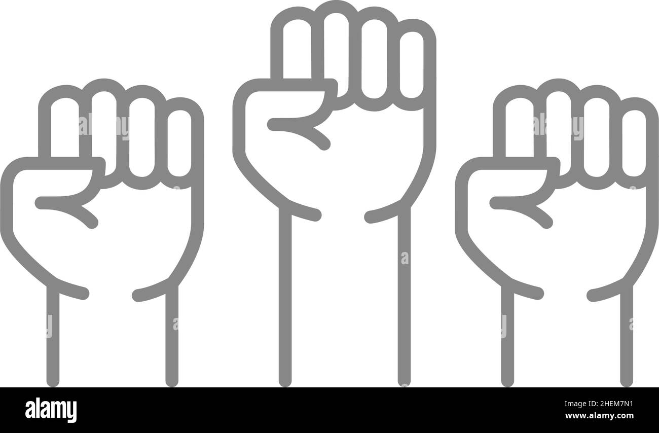 Three raised fists line icon. Teamwork, cooperation, togetherness ...