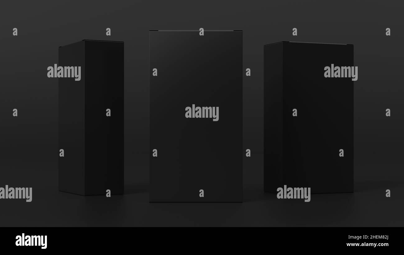 Gift box mock up: three flat, tall and wide black boxes on black ...