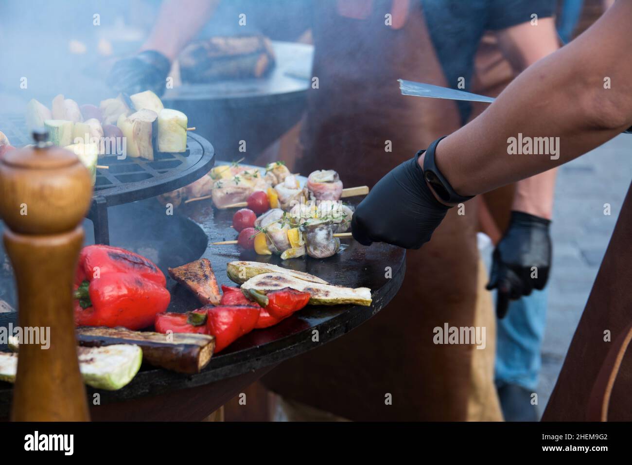 Cooking vegetables on fire process. Grill health food. Smoke on ...