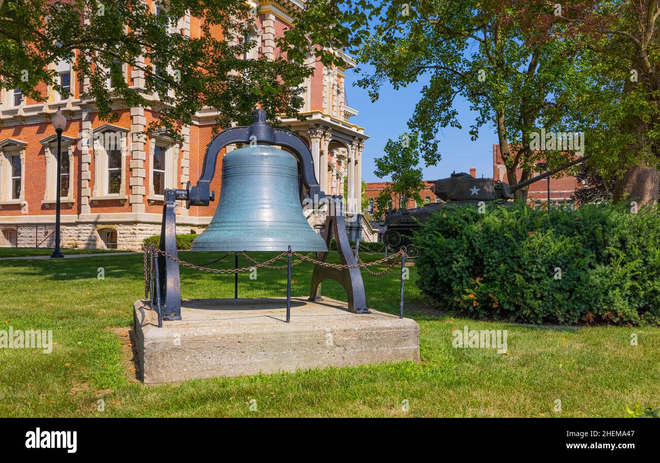 Winchester, Indiana, USA - August 21, 2021:A Bell serves as memorial to ...