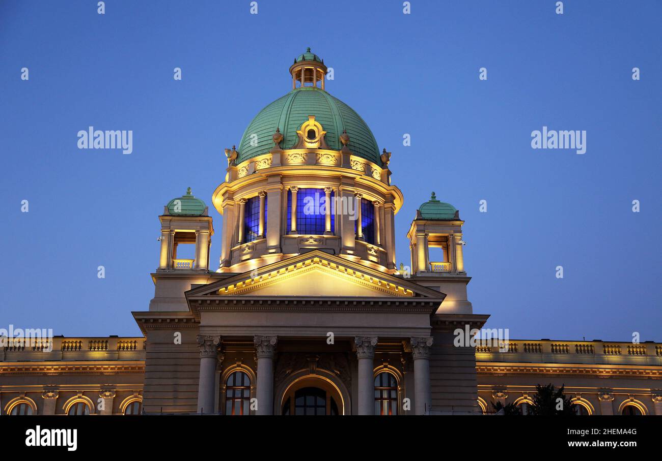 Serbian Parliament Building at night in Belgrade, Serbia. Belgrade is ...
