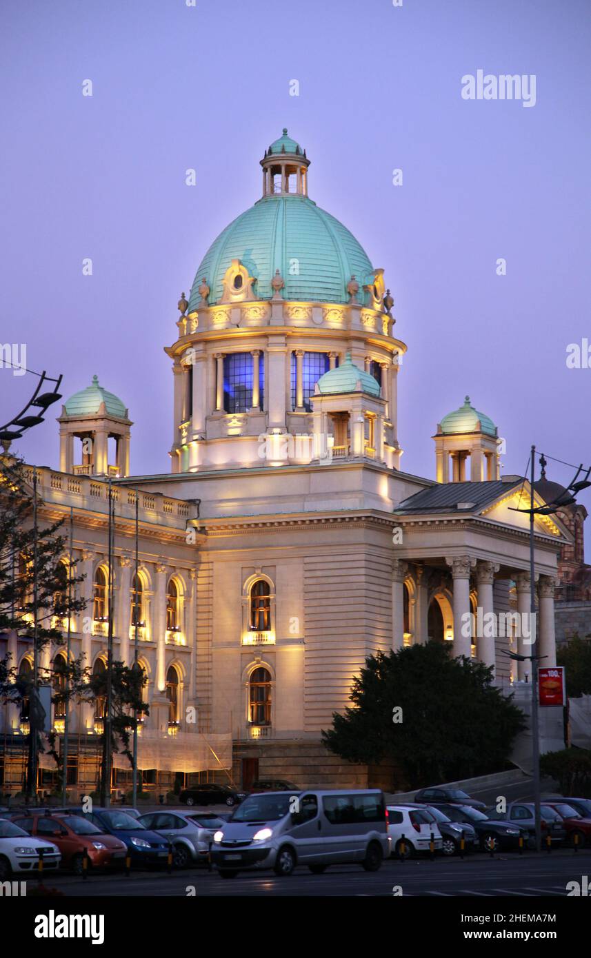 Serbian Parliament Building at night in Belgrade, Serbia. Belgrade is ...