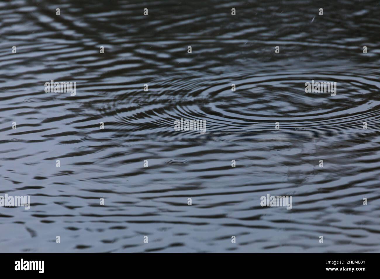 Water drops create circular patterns on the water. Lines and ripples in ...