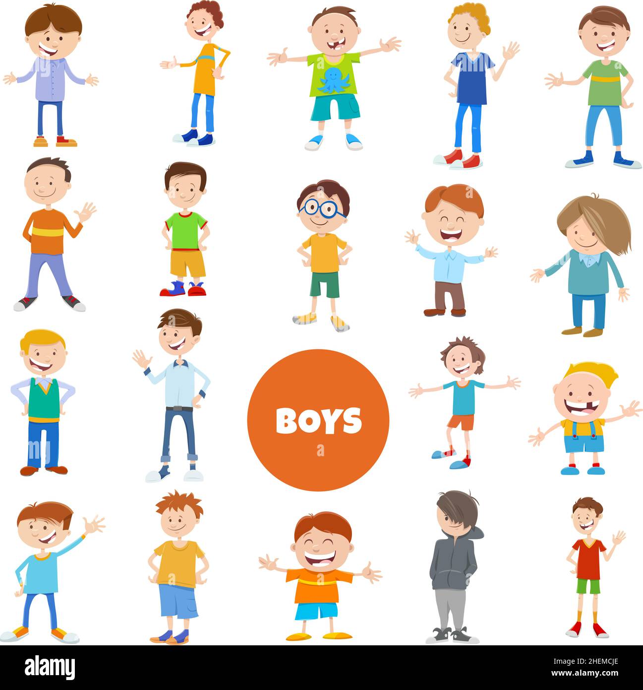 Cartoon illustration of elementary and teen age boys characters big set ...