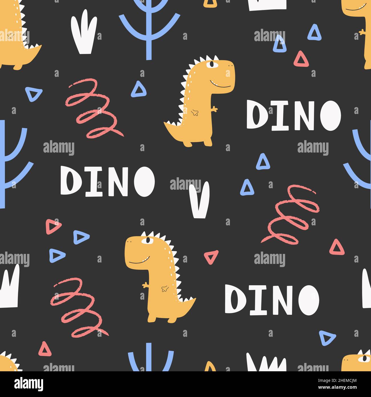 Cute dinosaur pattern - hand drawn childish dinosaur seamless pattern ...