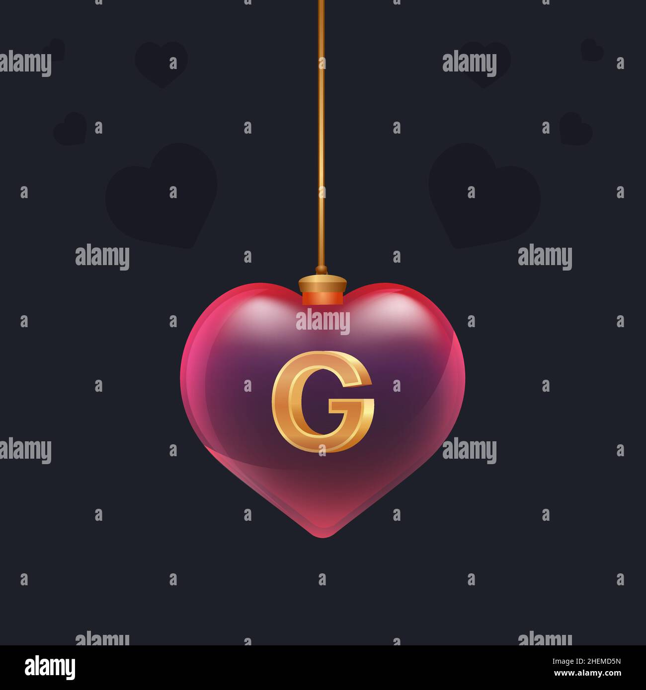Red glass heart toy with a golden 3D letter G inside. Valentine day ...