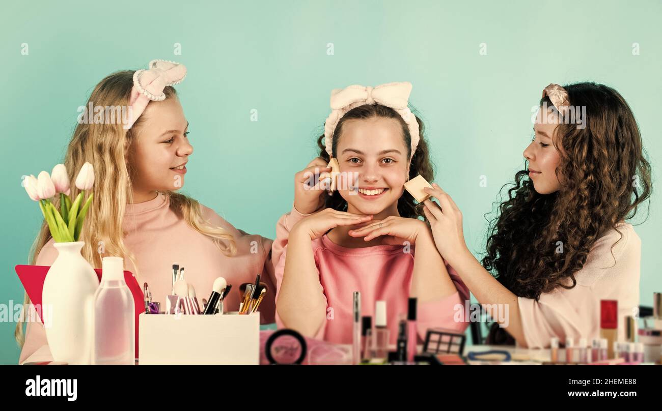 Best friends. Cleanse carefully. Beauty and fashion. Girls doing makeup ...