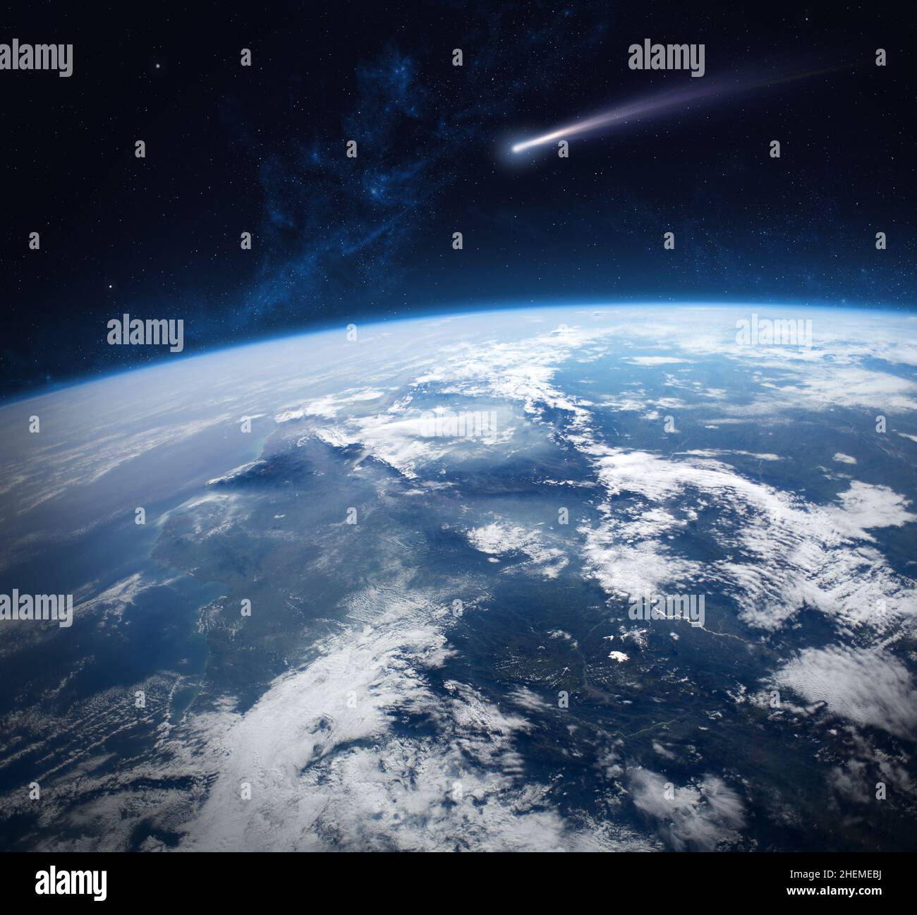 View of planet Earth and comet from space. Comet flying near the Earth ...