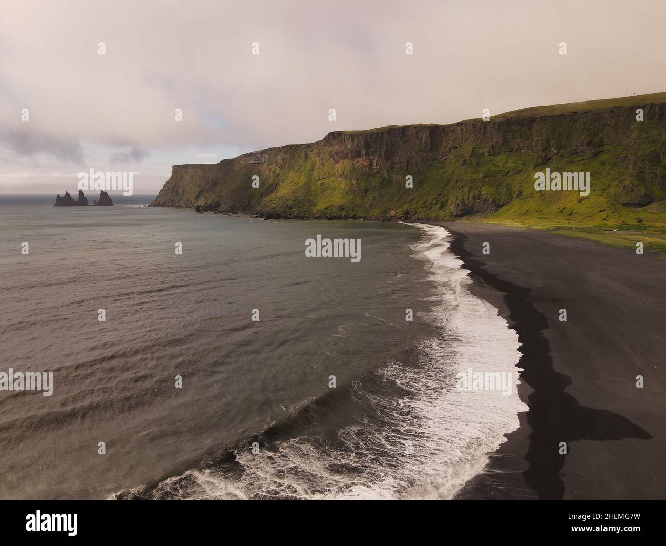 Aerial drone landscape of black sand beach in Vik Iceland Stock Photo ...