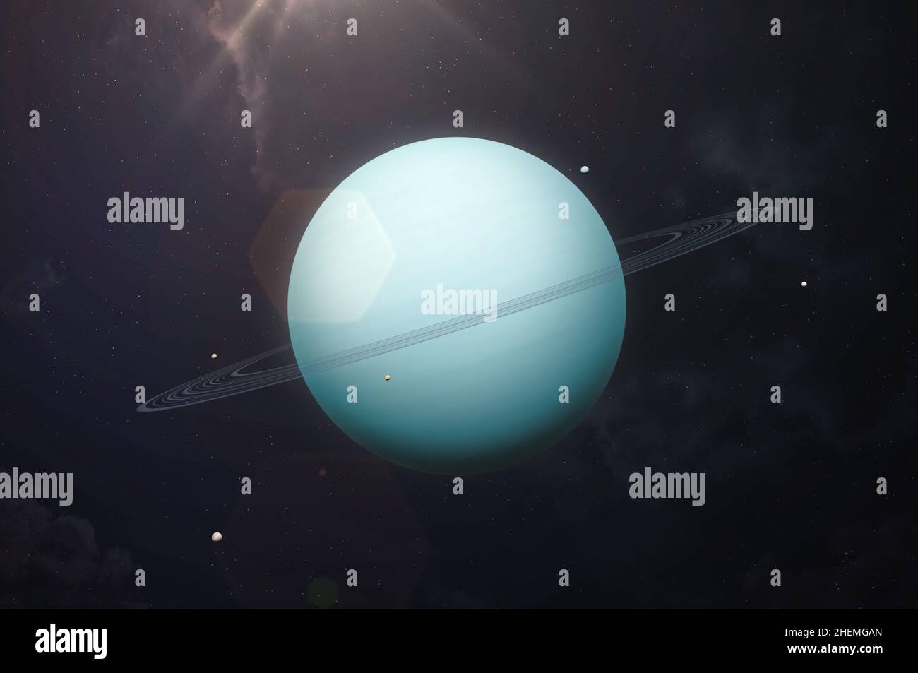 Planet Uranus. Uranus and thirteen rings, five main satellites are ...