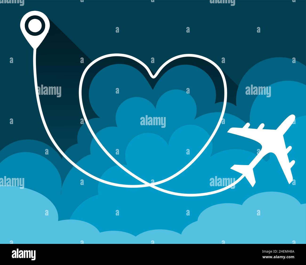 Love Travel Concept Illustration: An airplane in the dark blue sky ...