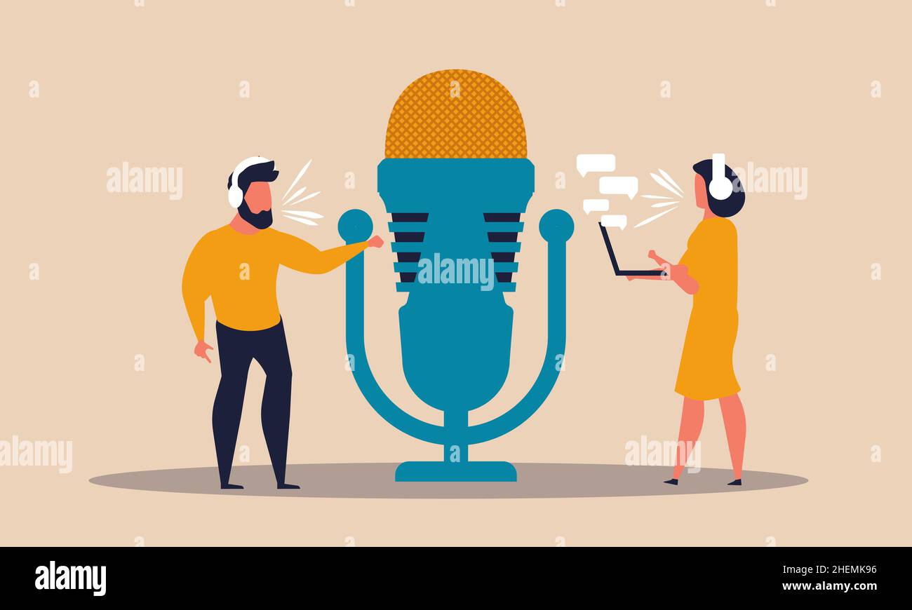 Radio podcast with man and woman. Interview with headphone headset on ...