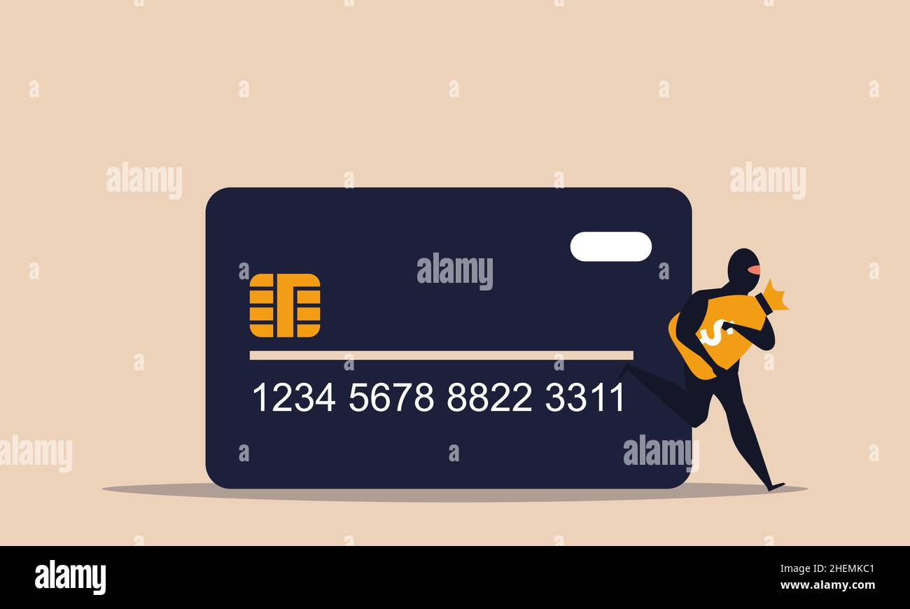 Data robbery and crime fraud with credit card and thief. Man with mask ...