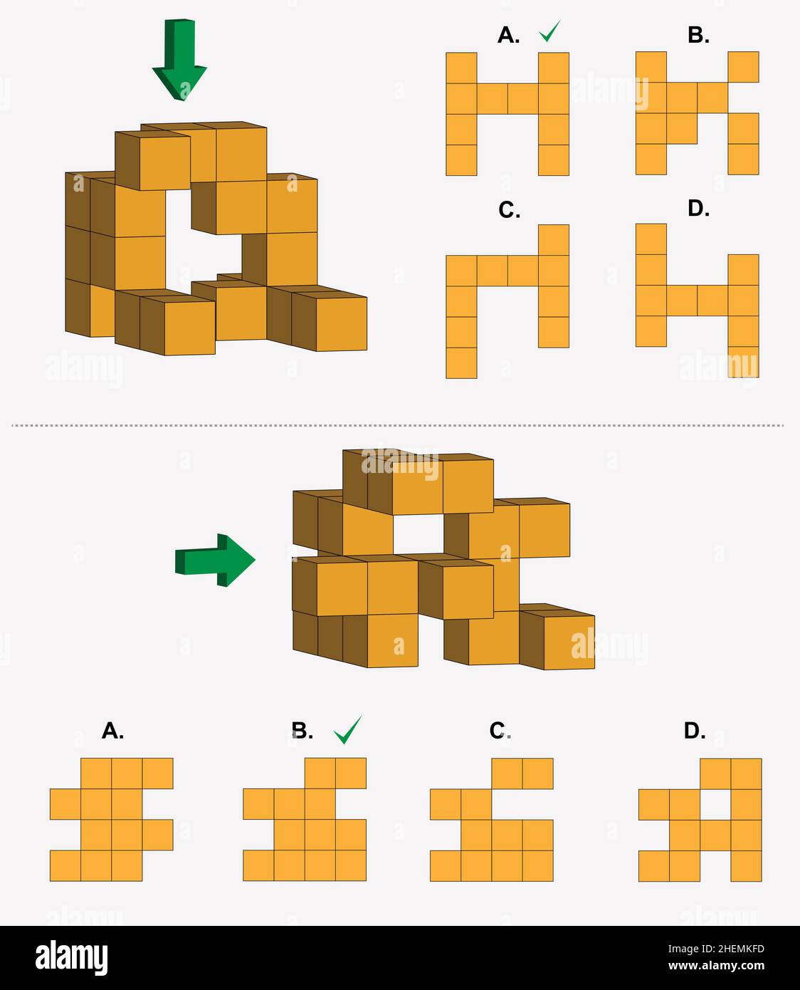 Set of two IQ exam questions with a given object made of cubes and four ...