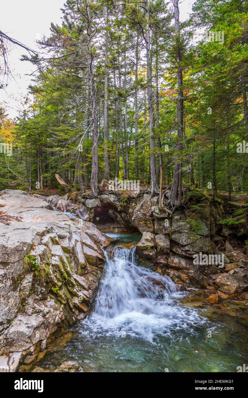 creek Pemigewasset River flows throug the white mountains at scenic ...