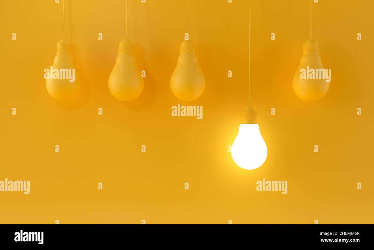 Innovation idea. Hanging light bulbs with glowing one different idea on ...