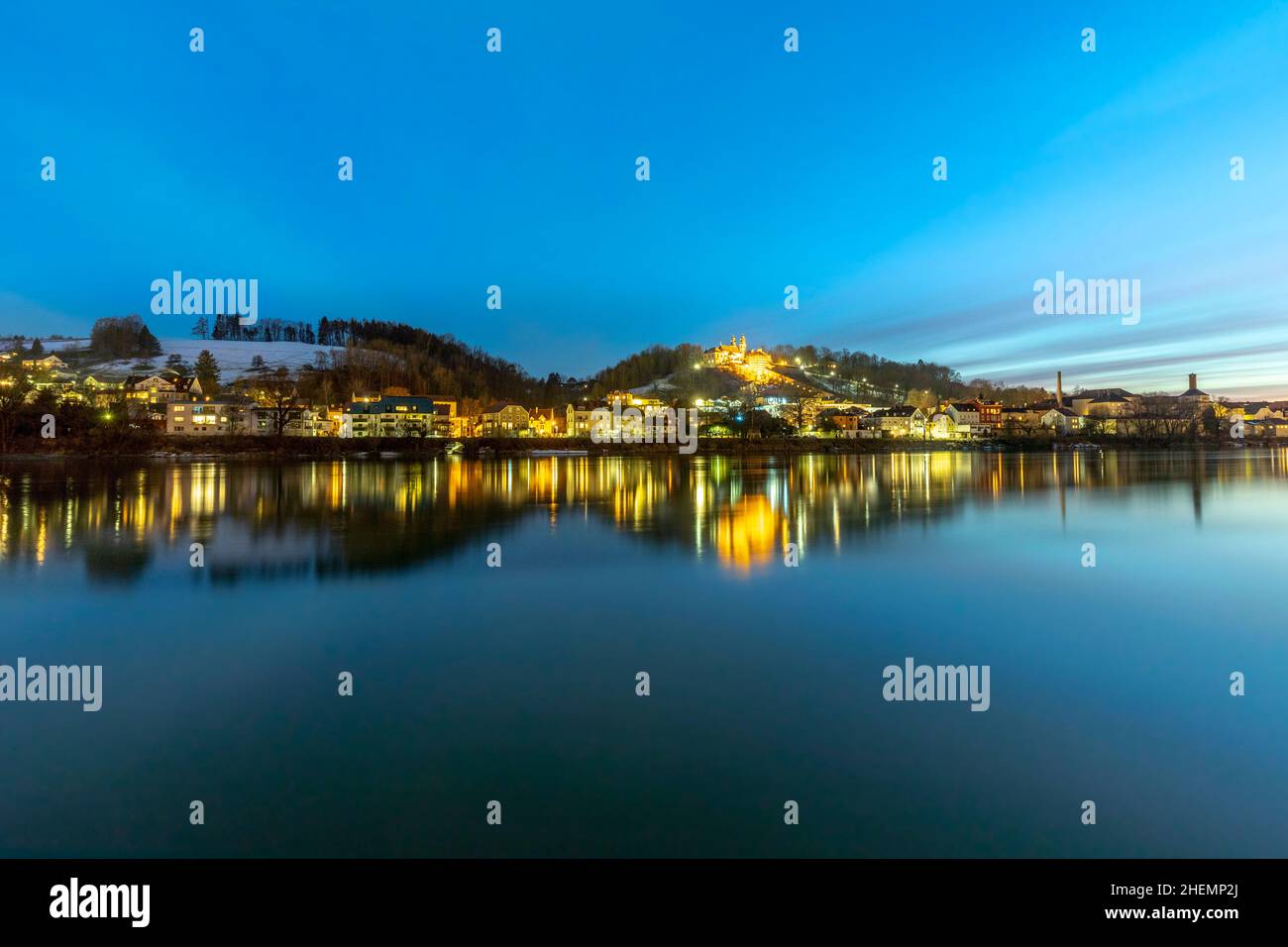 river inn view at Passau in Bavaria with reflection of scenic promenade ...