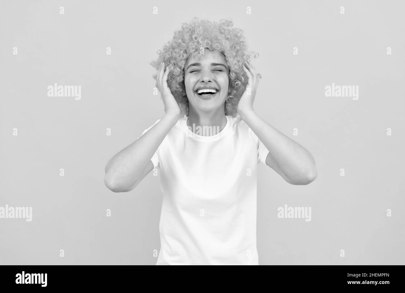 i am so happy. express positive emotions. cheerful lady wear wig. woman ...