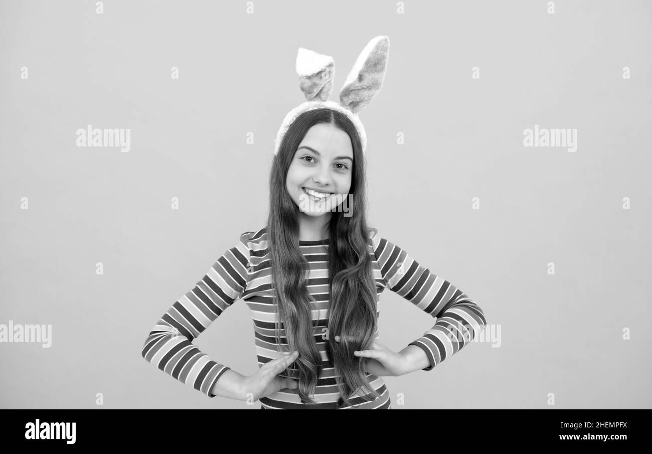 being in good mood. teenager girl wear rabbit costume. easter bunny ...