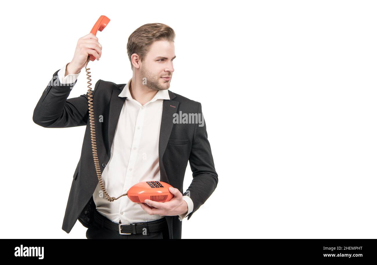 Dont drop the call. Businessman hold telephone receiver. Using vintage ...