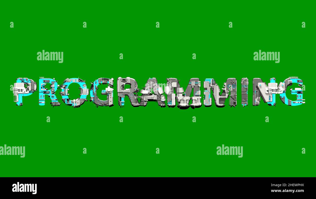Programming blue and grey metal text in cyberpunk style, isolated ...