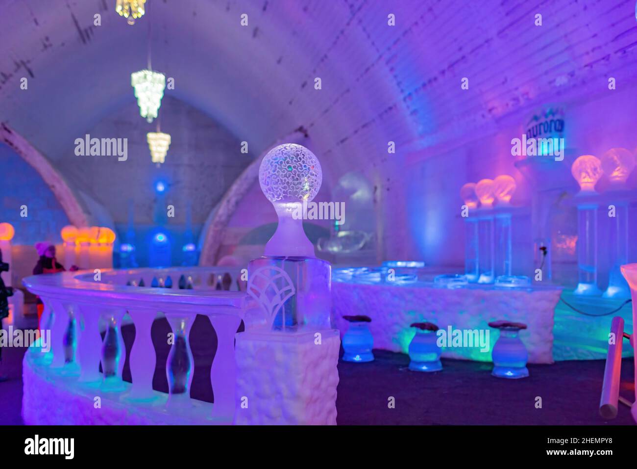 Fairbanks, MAR 20 2015 - Interior view of the bar in Aurora Ice Museum ...