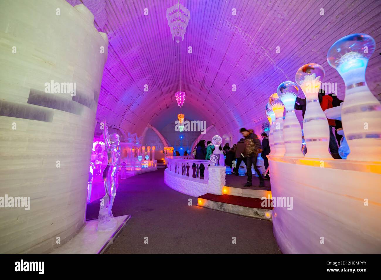 Fairbanks, MAR 20 2015 - Interior view of the bar in Aurora Ice Museum ...