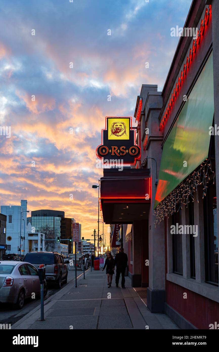 Alaska, MAR 22 2015 - Sunset exterior view of the cityscape of ...