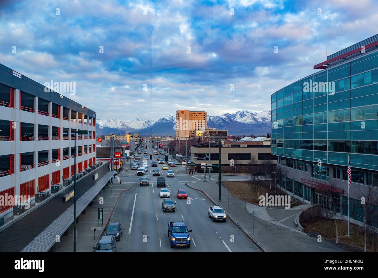 Alaska, MAR 22 2015 - Sunset exterior view of the cityscape of ...