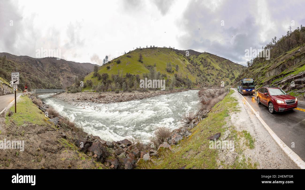 panoramic view of road in yosemite national park by bad weather with ...