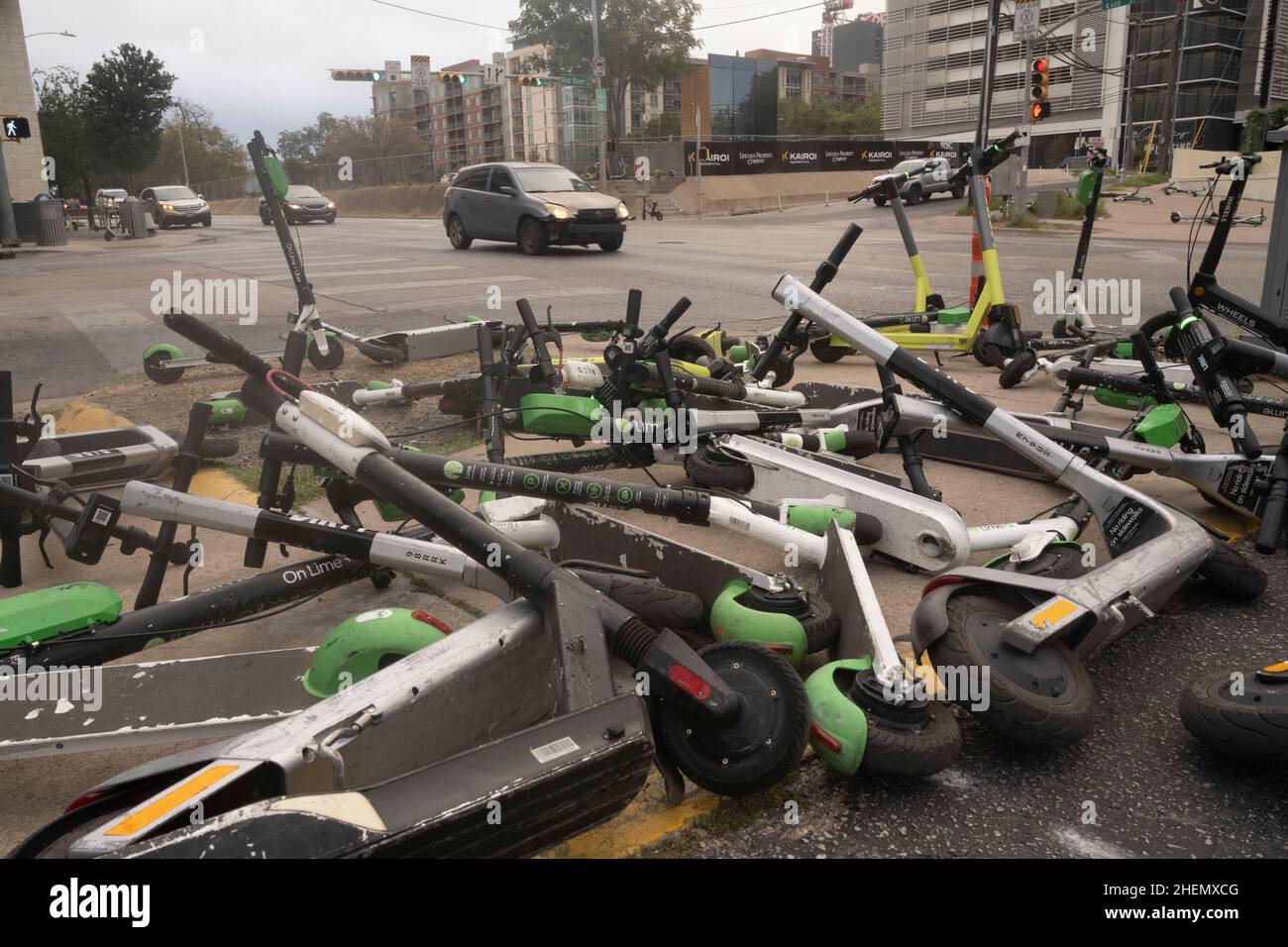 Austin, TX, USA. 10th Oct, 2021. Electric scooters make a haphazard ...