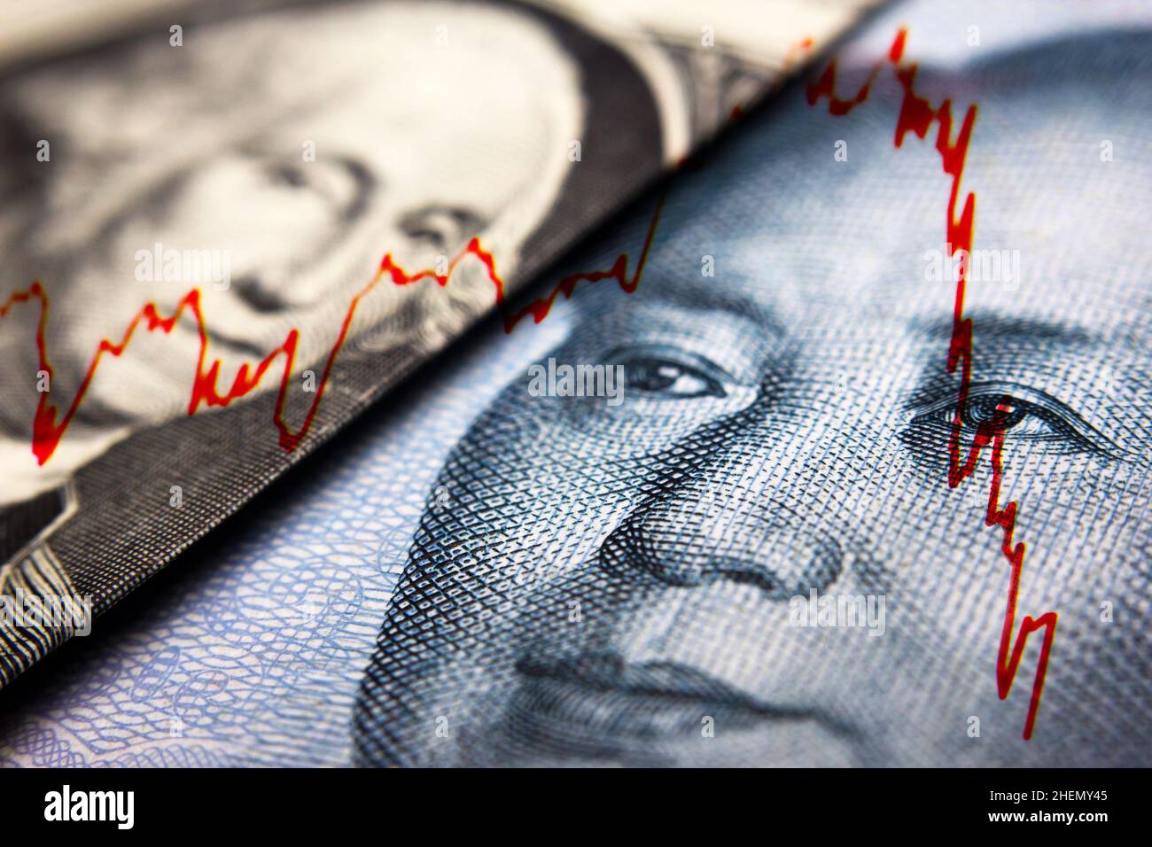 Stock Market Graph next to a US dollar bill. Red trend line indicates ...