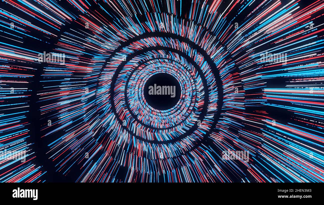 Abstract vortex of blue and red circles spinning on black background ...