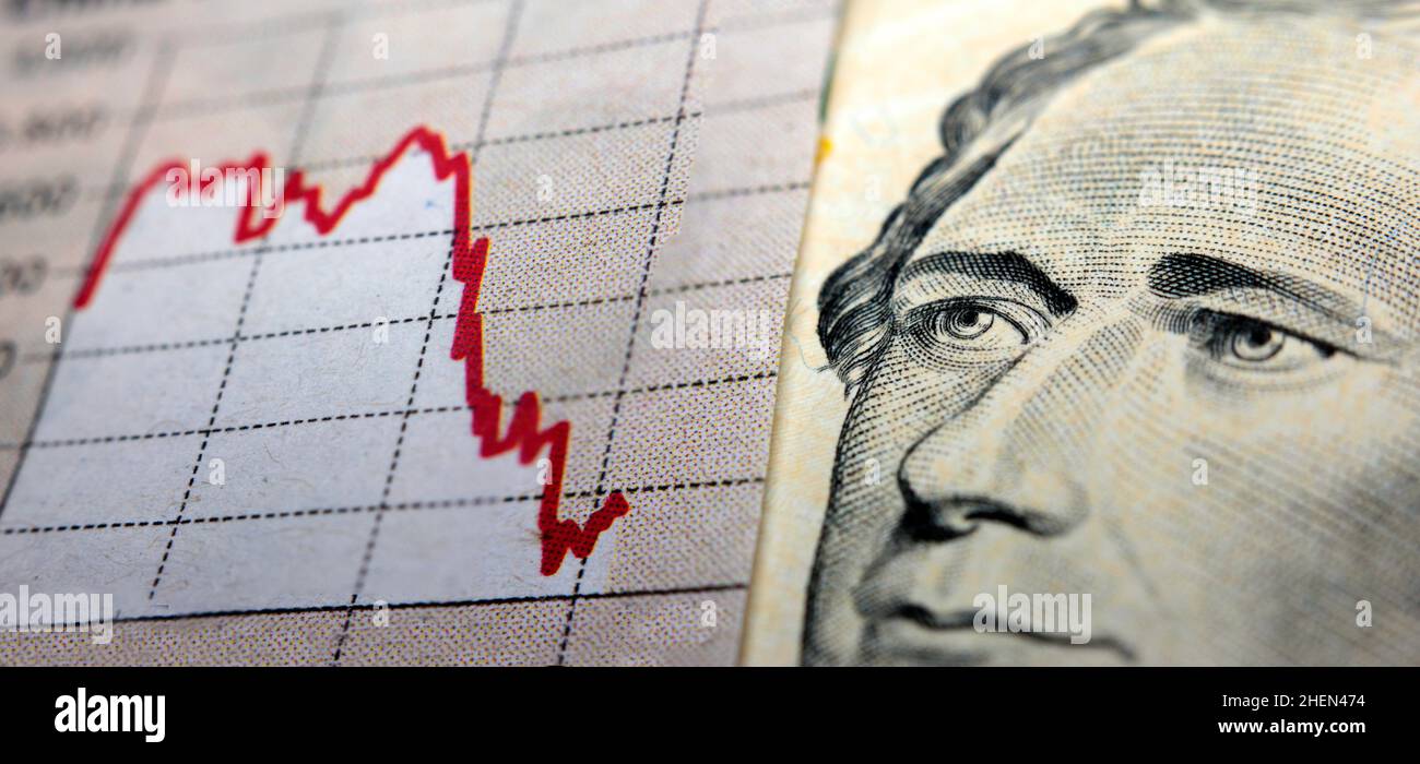 Stock Market Graph next to a US dollar bill. Red trend line indicates ...