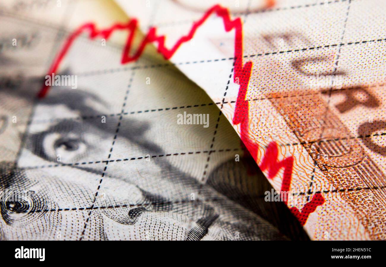 Stock Market Graph next to a US dollar bill. Red trend line indicates ...