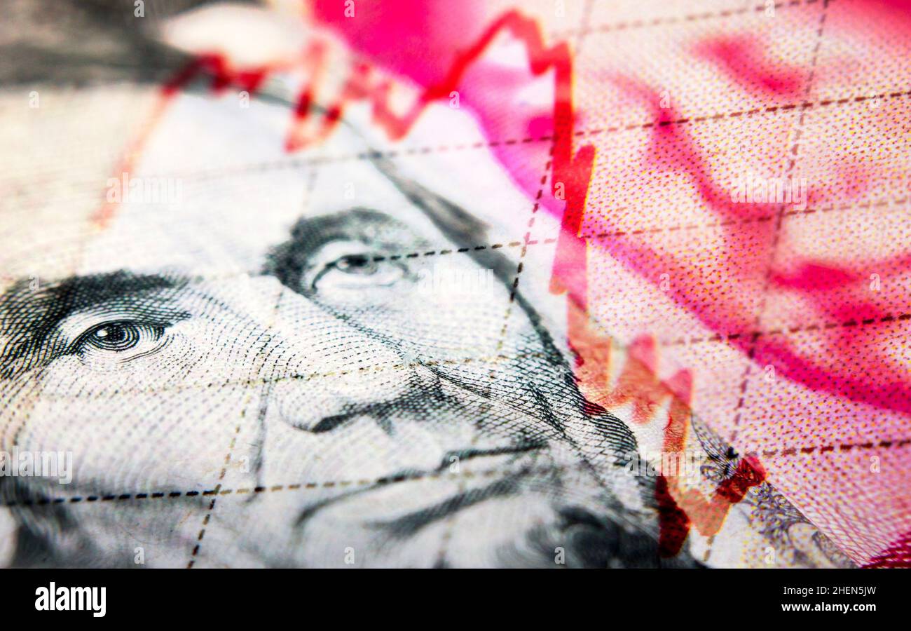 Stock Market Graph next to a US dollar bill. Red trend line indicates ...