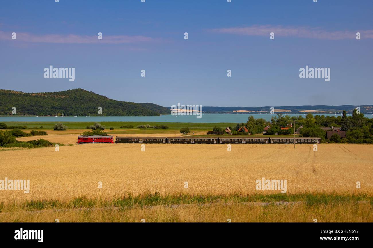 Old hungarian train at Lake Balaton in a beautiful landscape, Tihany in ...
