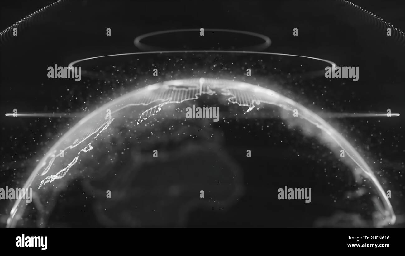 Spinning globe. Planet Earth as a glow hologram with power arc lines ...