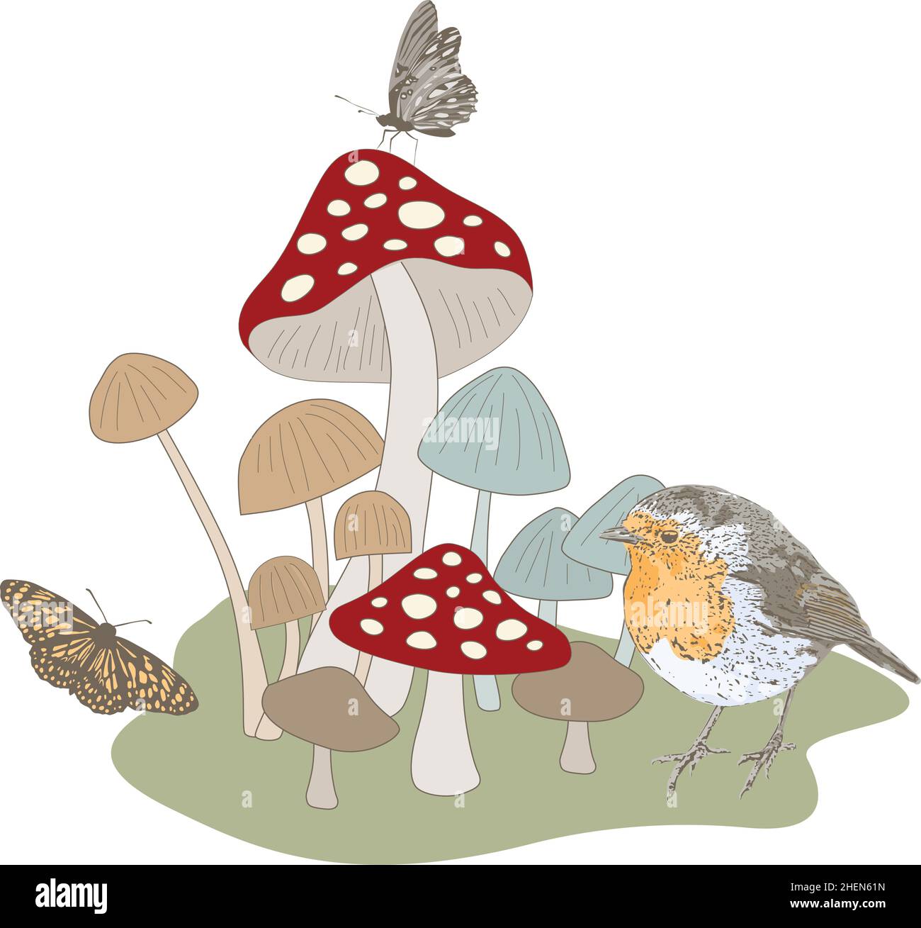 mushroom, bird and butterflies Stock Vector Image & Art - Alamy
